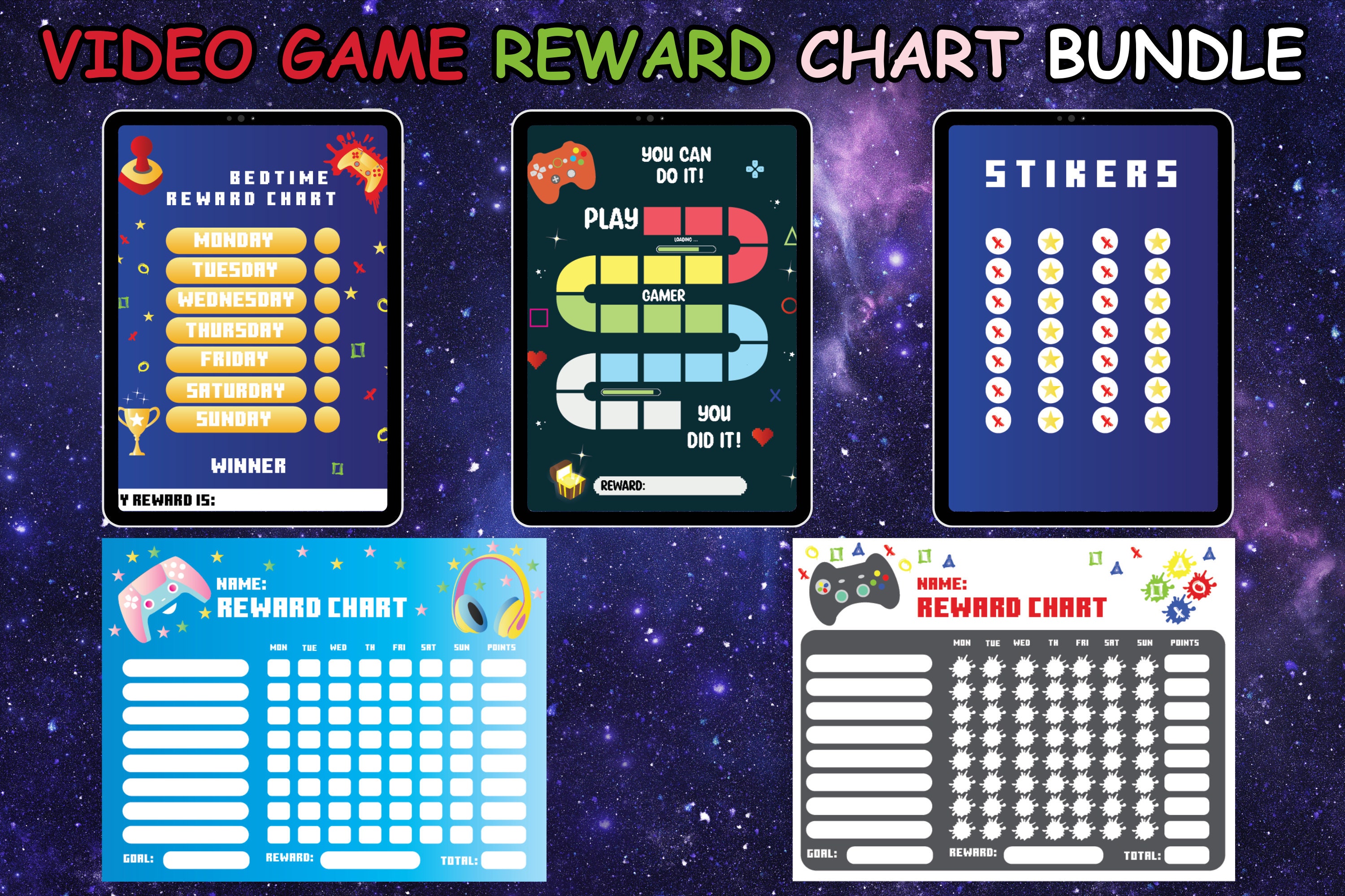 Video Game Themed Reward Chart Bundle 5 Digital Printable Reward Charts ...