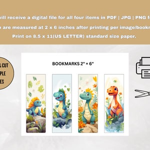 Set of 4 Cute Dinosaur Digital Bookmarks | Instant Download | Printable ...