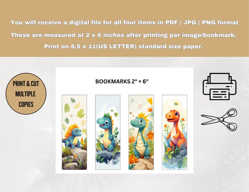 Set of 4 Cute Dinosaur Digital Bookmarks | Instant Download | Printable ...