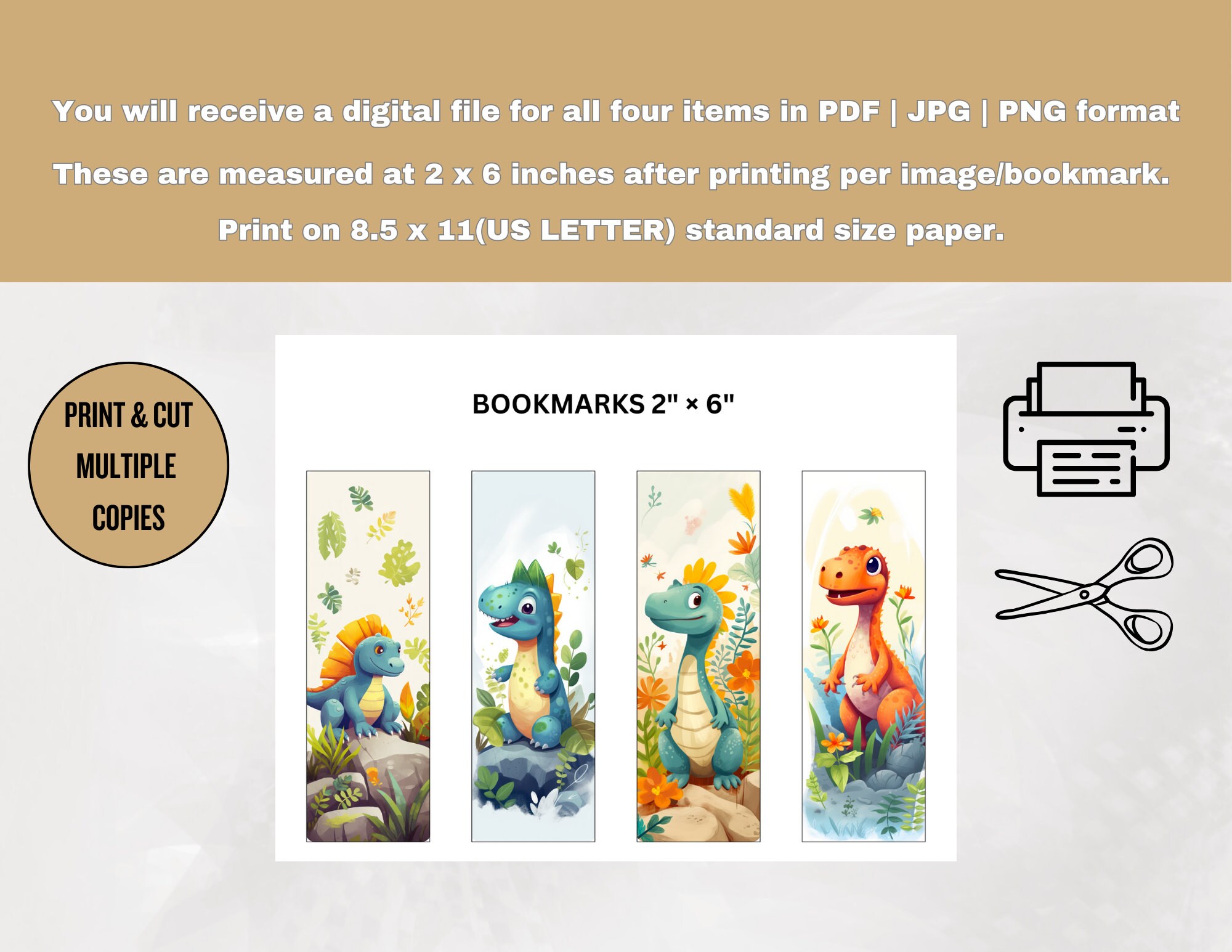 Set of 4 Cute Dinosaur Digital Bookmarks Instant Download Printable ...
