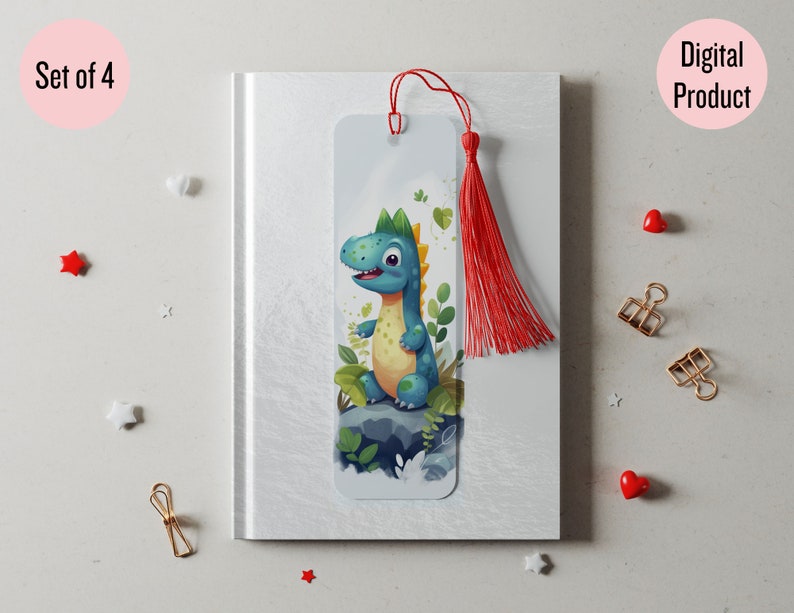 Set of 4 Cute Dinosaur Digital Bookmarks | Instant Download | Printable ...