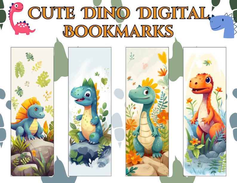 Set of 4 Cute Dinosaur Digital Bookmarks | Instant Download | Printable ...