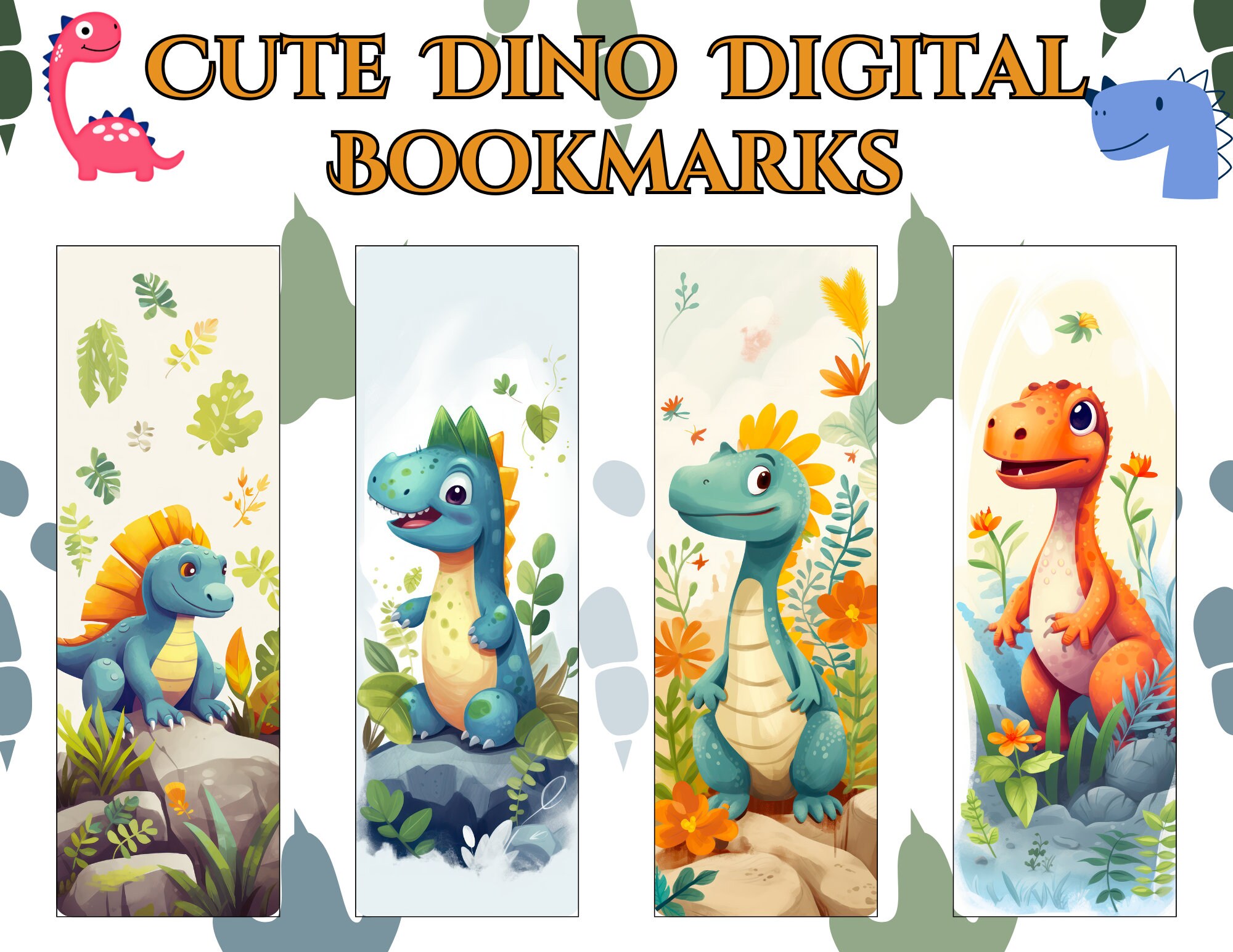 Set of 4 Cute Dinosaur Digital Bookmarks Instant Download Printable ...