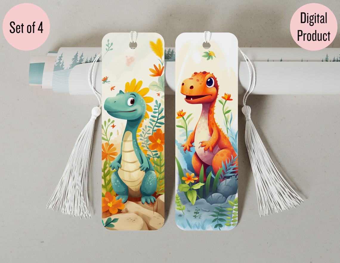 Set of 4 Cute Dinosaur Digital Bookmarks Instant Download Printable ...