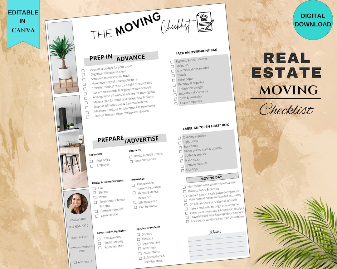 Editable Real Estate Moving Checklist Printable PDF Template ...
