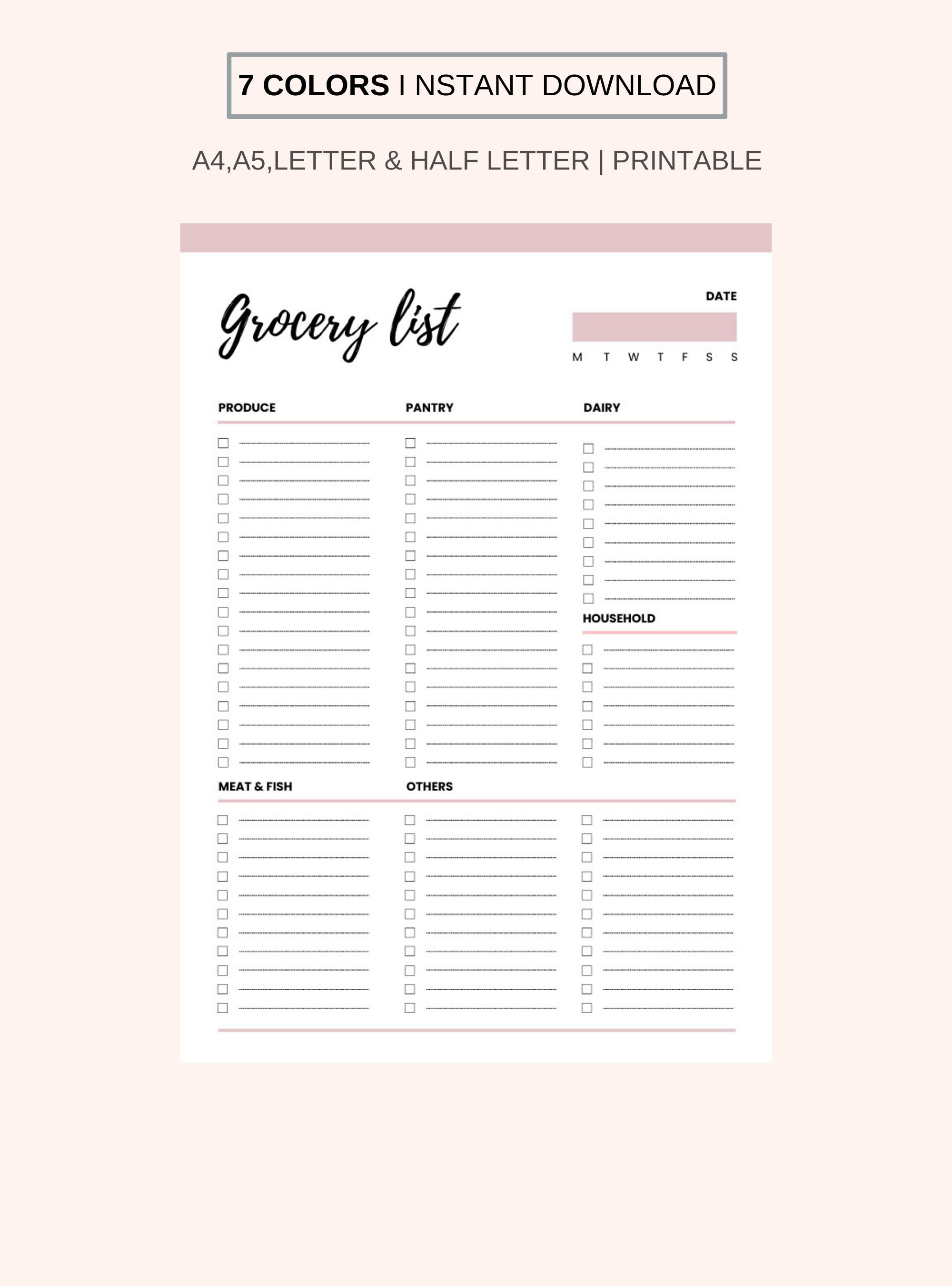Grocery List Printable Template, Grocery Planner, Food Shopping List ...