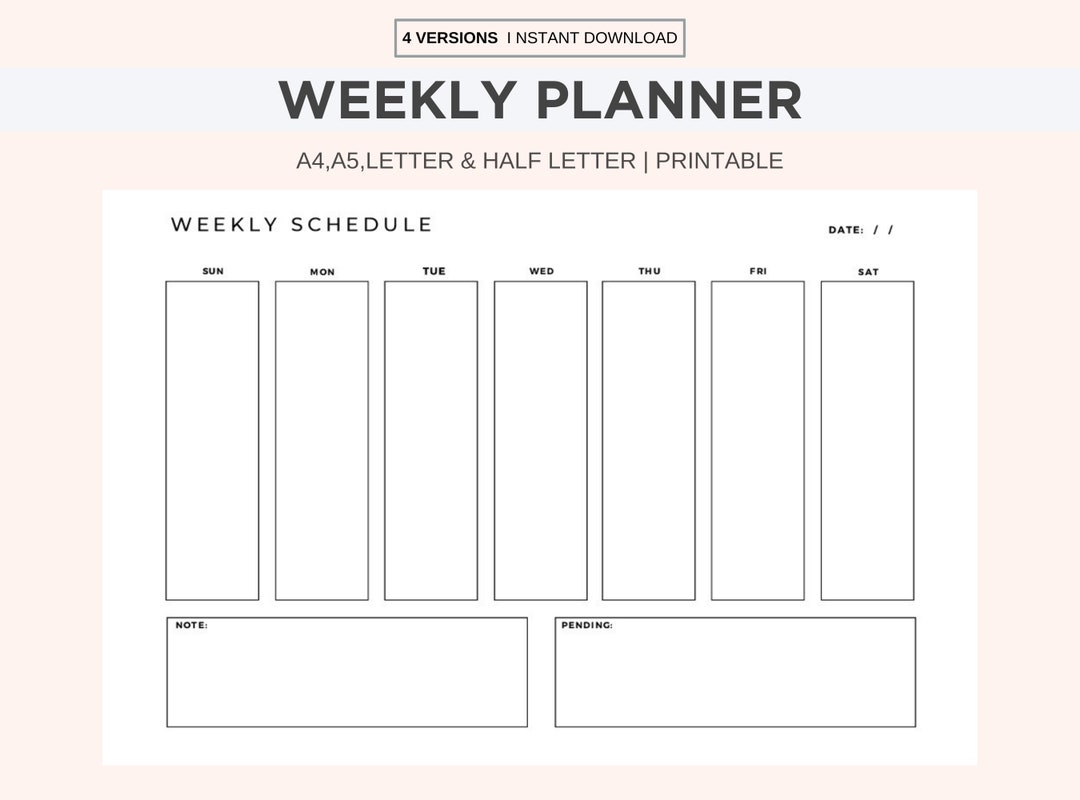 Weekly Planner Printable Landscape, Minimalist Weekly Schedule, Week at ...