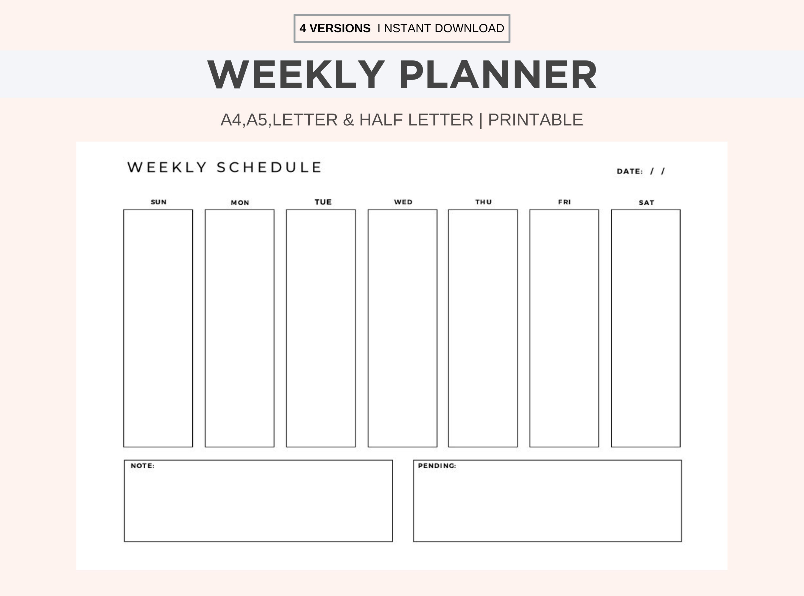 Weekly Planner Printable Landscape, Minimalist Weekly Schedule, Week at ...