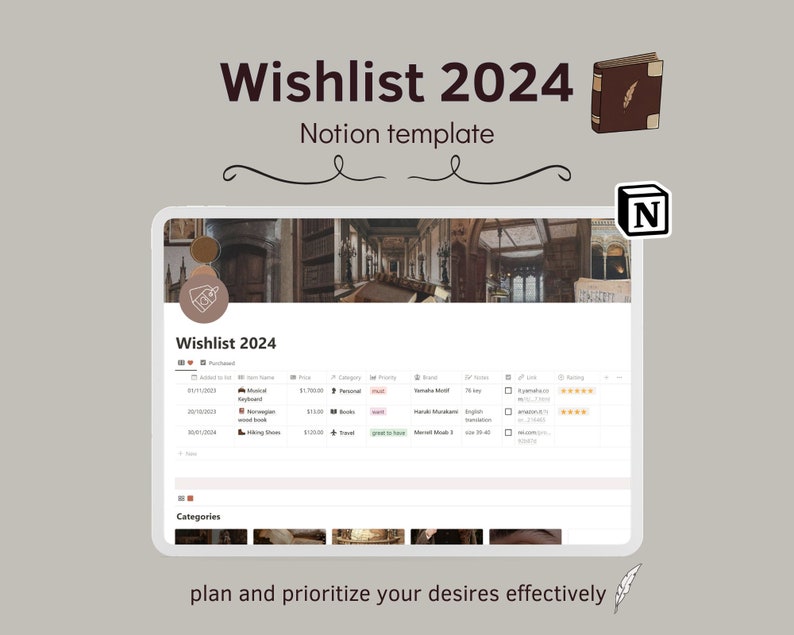 Notion Template, Wish List 2024, Notion Planner, Bucket List, Academia Aesthetic, Downloadable ...