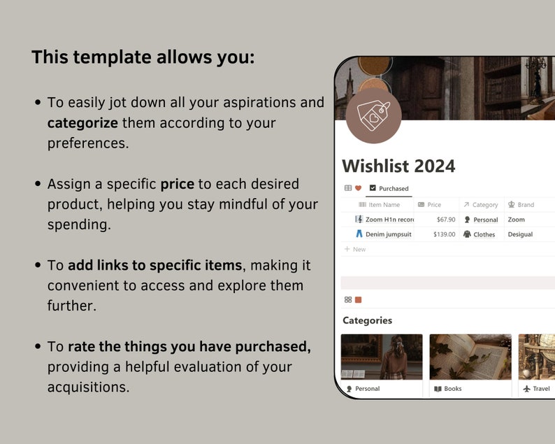 Notion Template, Wish List 2024, Notion Planner, Bucket List, Academia Aesthetic, Downloadable ...