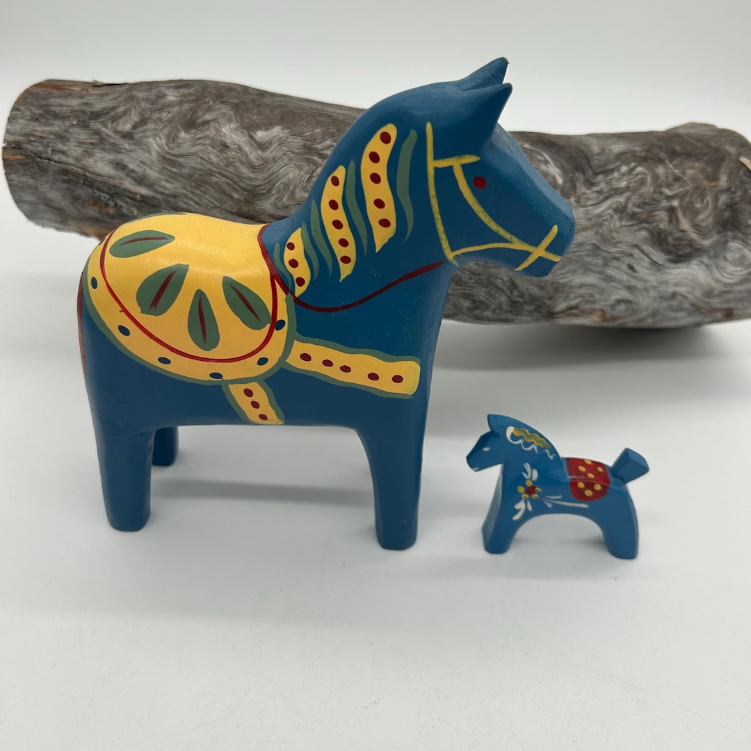 Swedish DALAHORSE, SET of Two, Blue Wood Carved, Hand Painted Kurbits ...