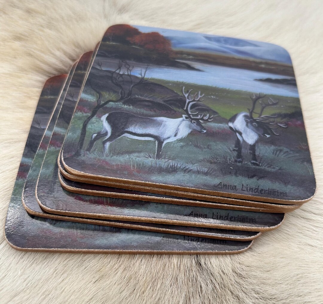 Swedish Coaster Set of 6, Cork With REINDEERS Motif, Design A ...