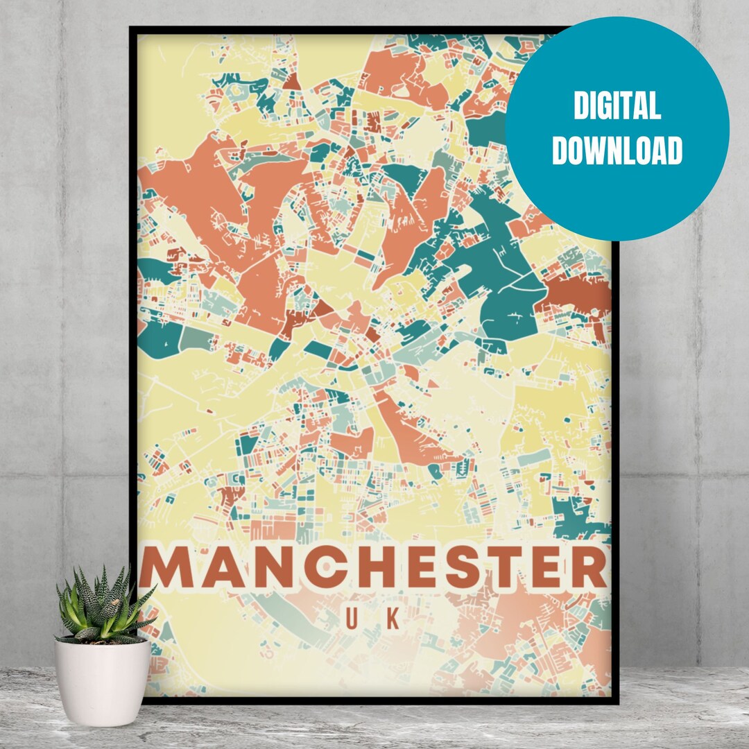 Manchester City Map Digital Download Print, UK Travel Poster, Colorful ...