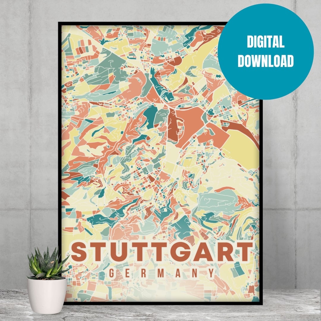 Stuttgart Travel Poster, City Map Digital Art Print Download, Colorful ...