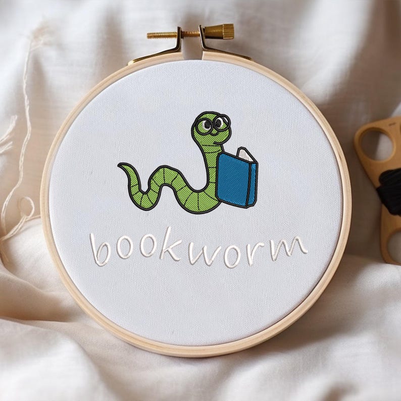 Bookworm Embroidery Design, Cute Book Lover File, Bookworm Embroidery ...