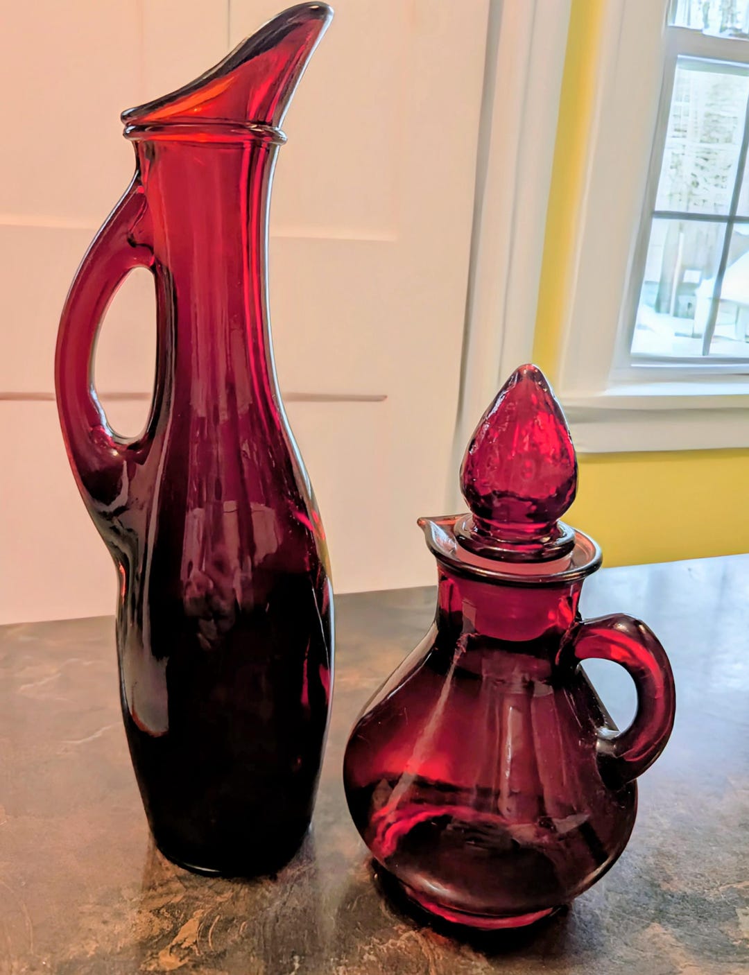Olive Oil and Vinegar Ruby Red Glass Liquid Decanters - Etsy