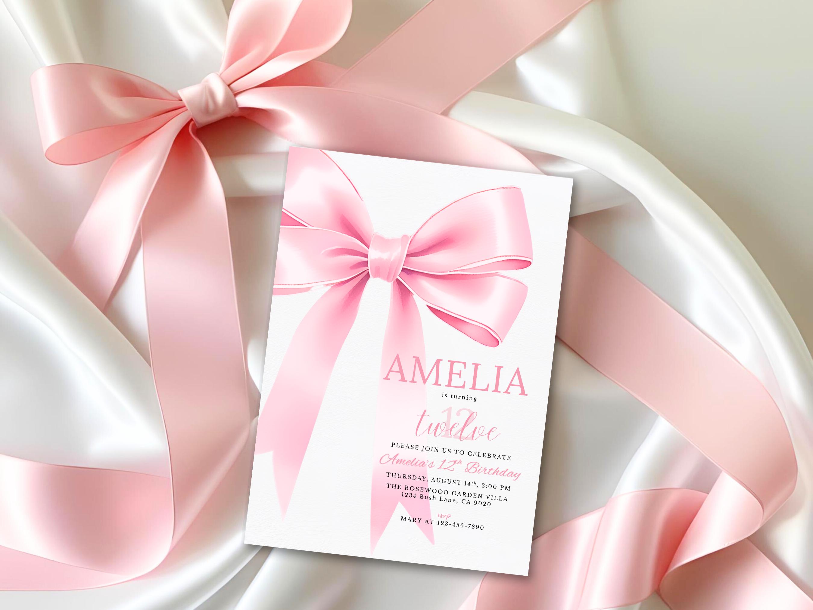 Pink Bow Birthday Invitation, Pink Coquette Ribbon Party Invite ...