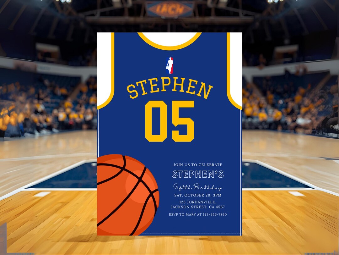 GSW Basketball Birthday Invitation Editable Blue Gold Jersey Theme Boys ...