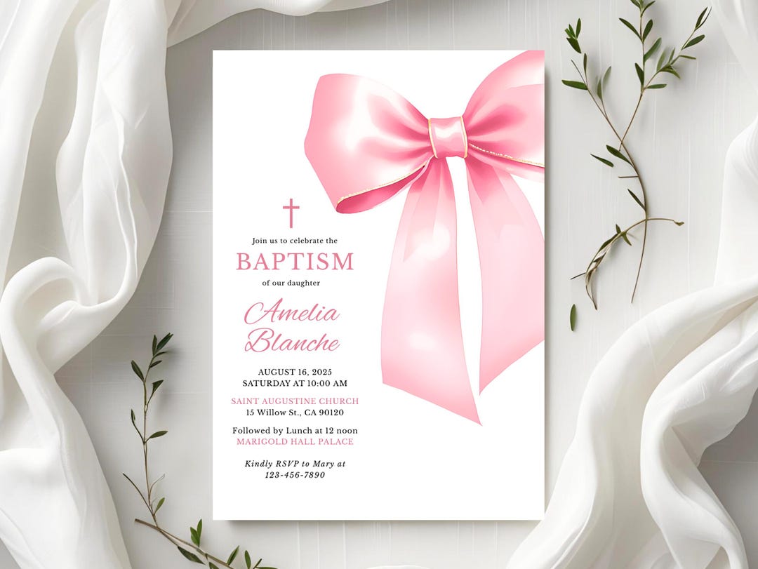 Pink Bow Baptism Invitation Template Girl Elegant Christening ...