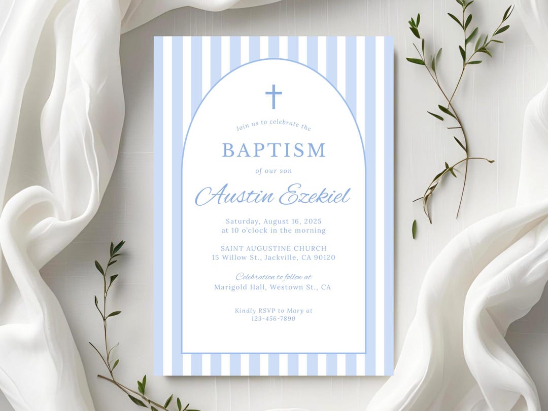 Baby Boy Baptism Invitation Template Printable Elegant Blue & White ...