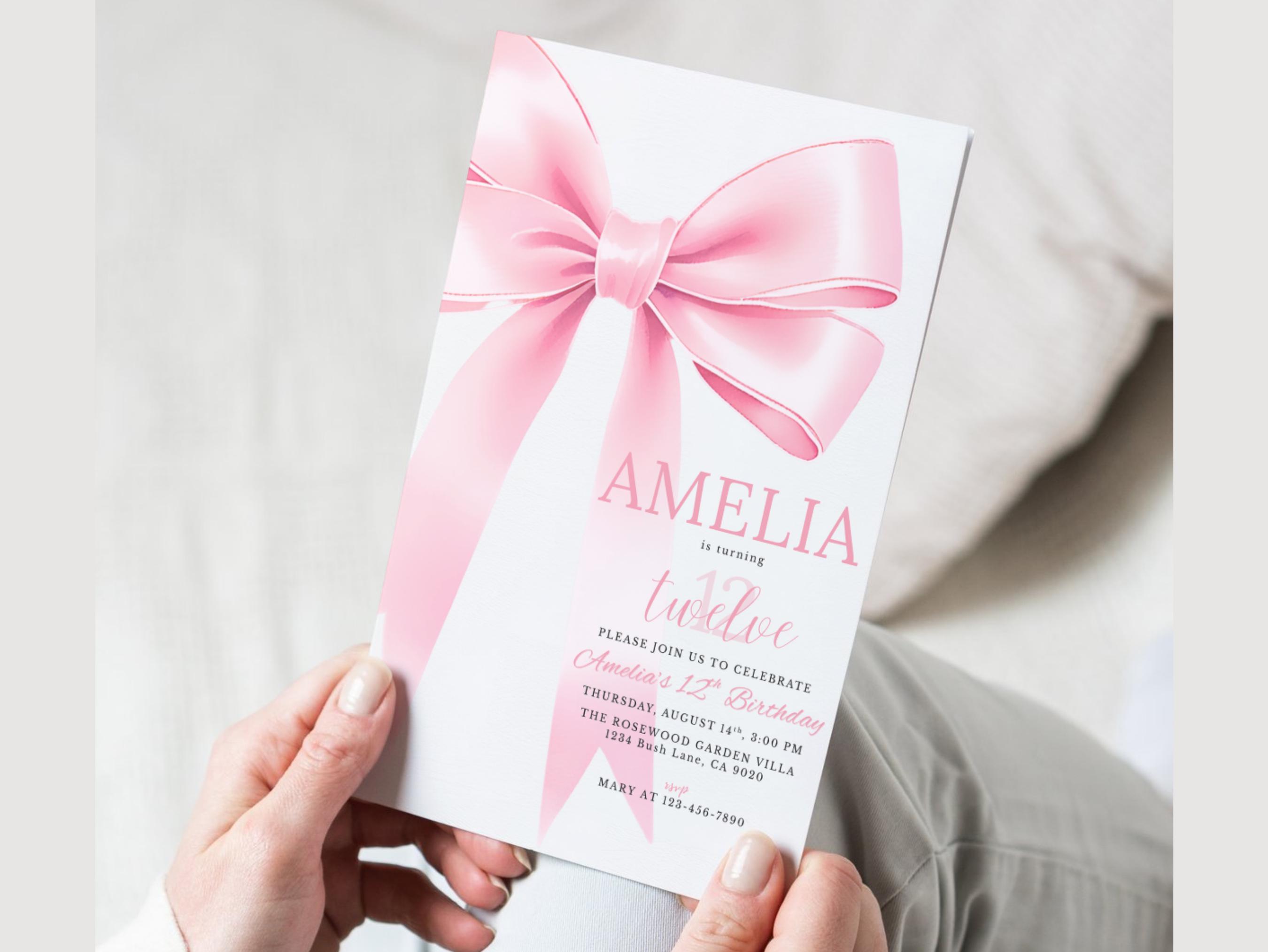 Pink Bow Birthday Invitation, Pink Coquette Ribbon Party Invite ...