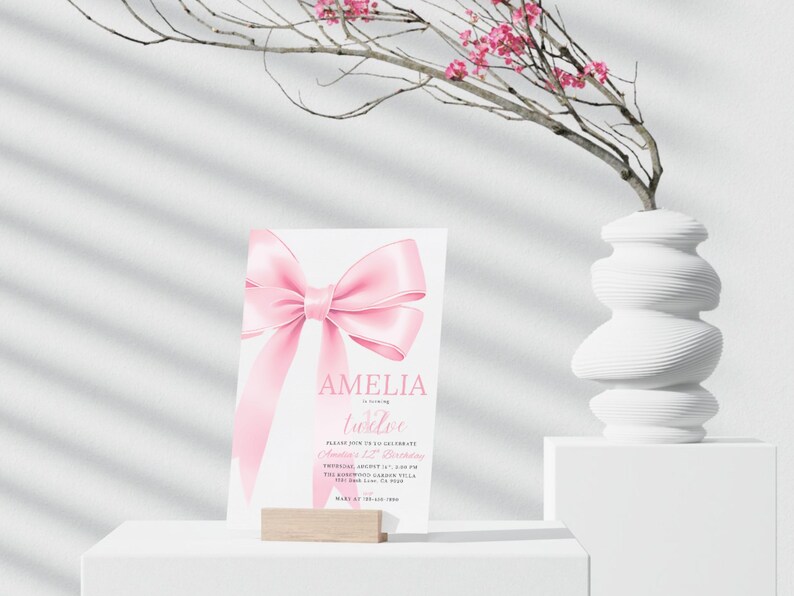 Pink Bow Birthday Invitation, Pink Coquette Ribbon Party Invite ...