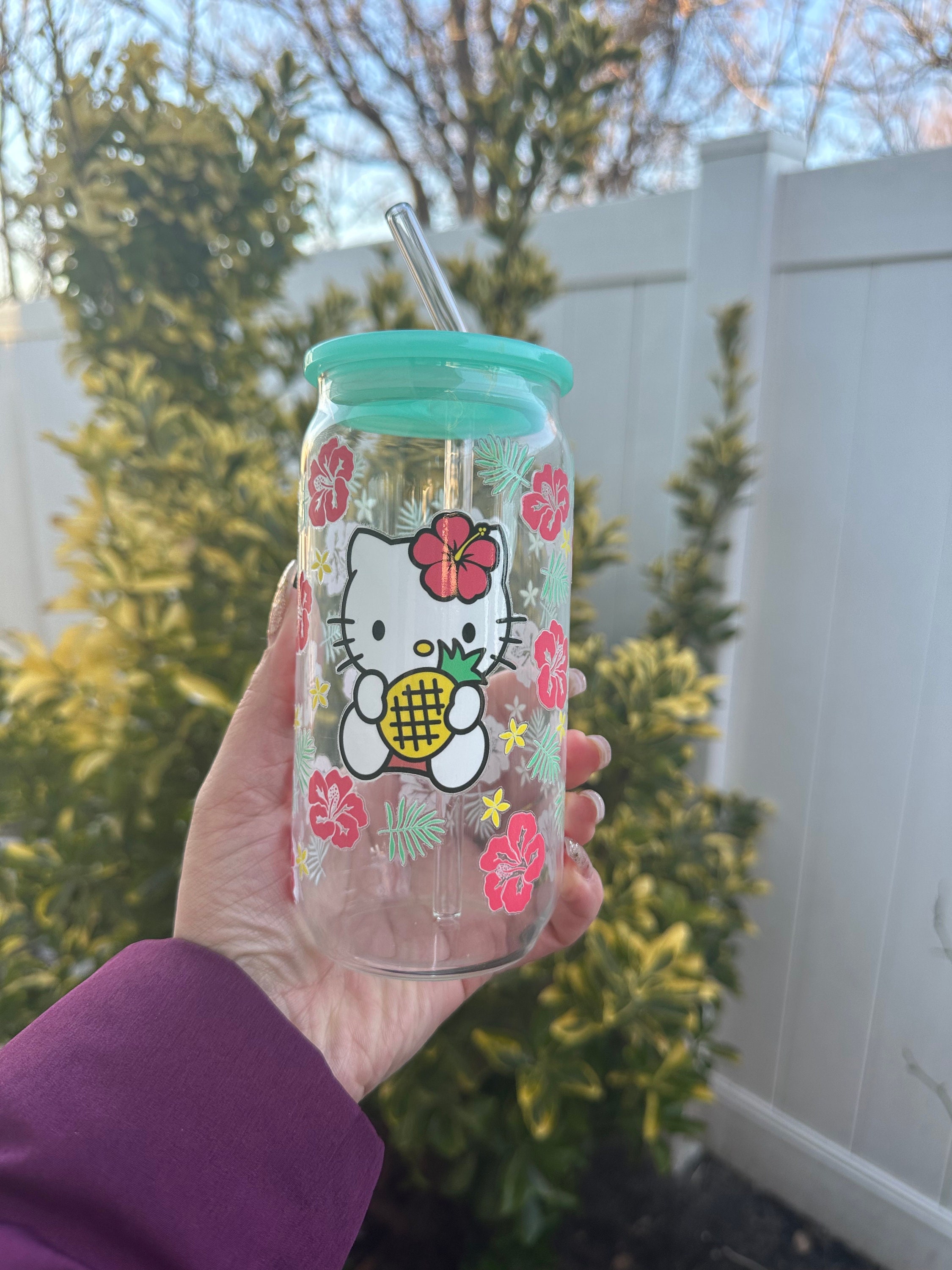 16 0z Hello Kitty Hawaiian Uv DTF Design With Straw - Etsy