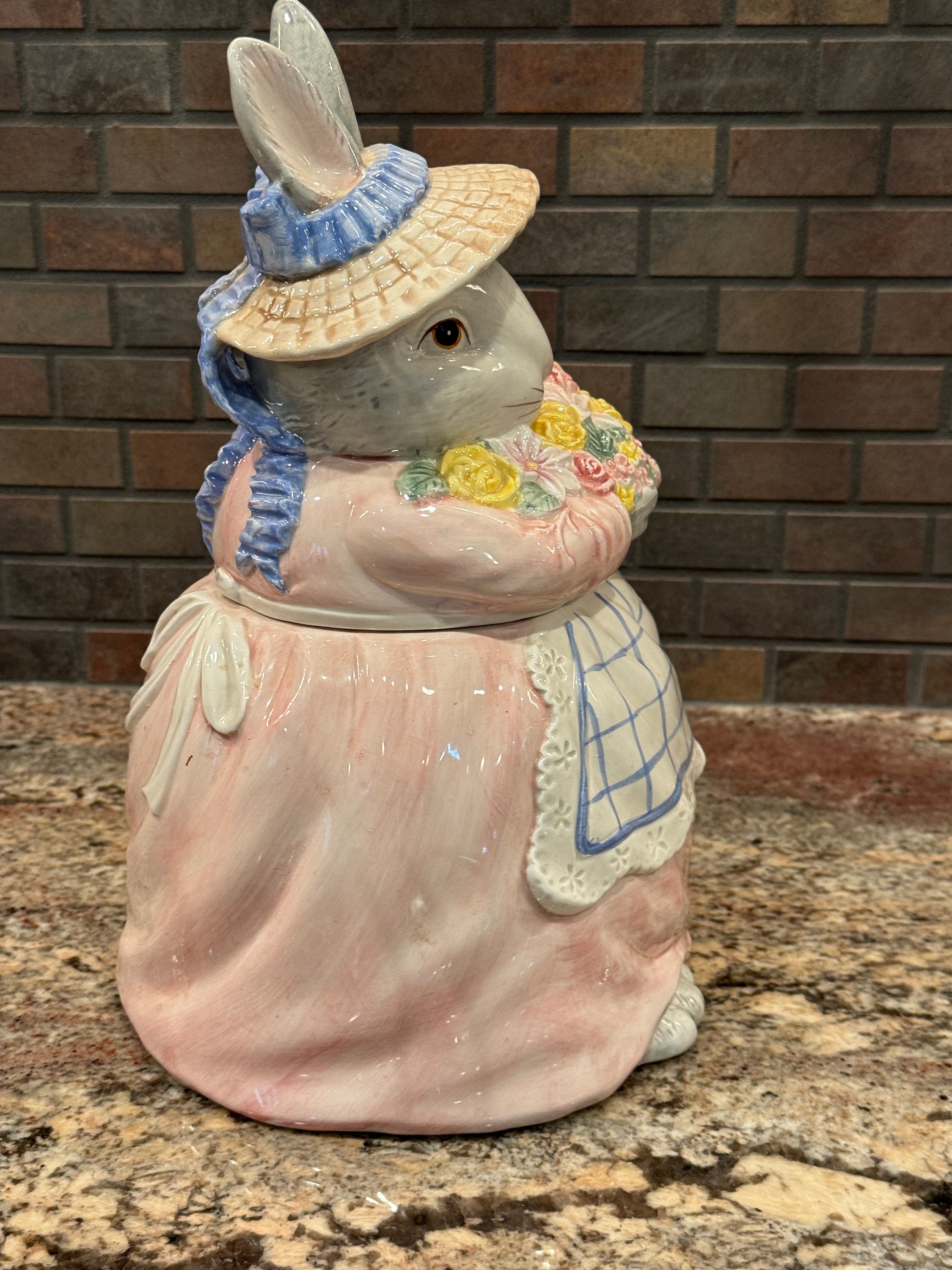 VINTAGE FITZ & FLOYD Bunny Rabbit Cookie Jar 1989 Pink Easter Retired ...