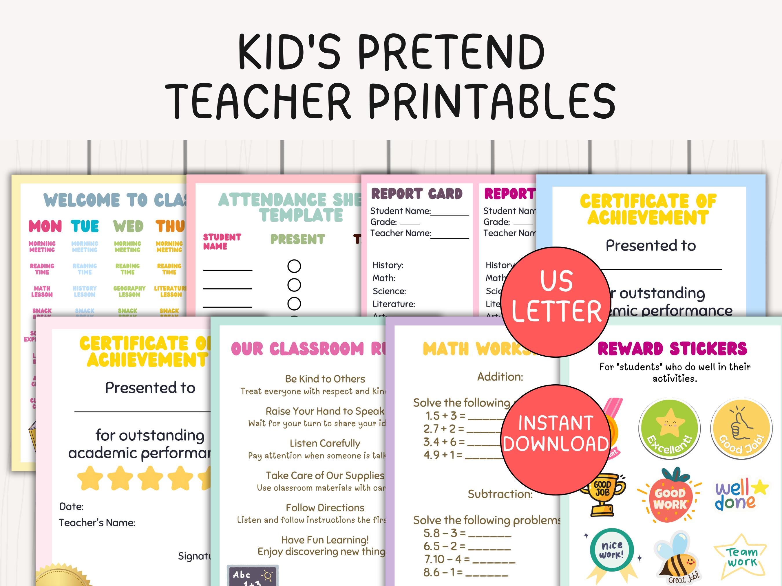 Teacher Printable Pretend Teacher Set Dramatic Play Imaginative Play ...