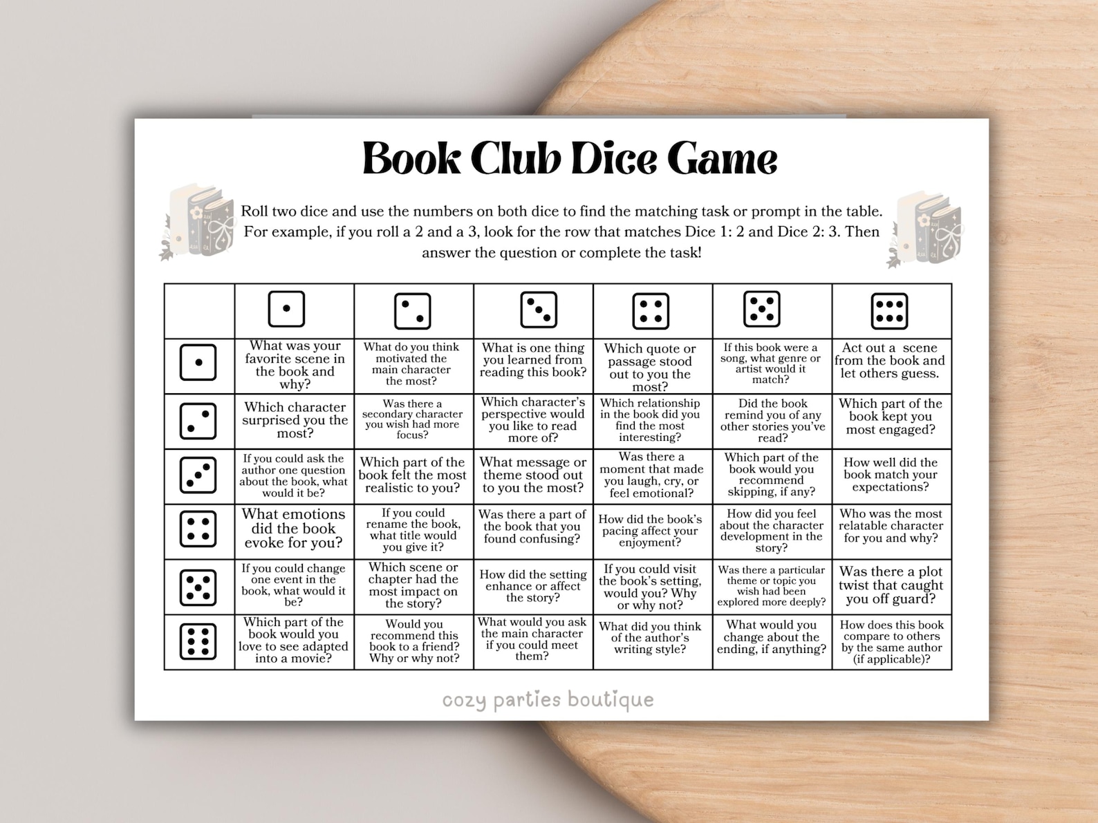 Printable Book Club Dice Game - Conversation Starters, Book Club ...