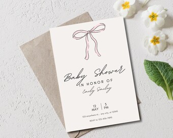 Pink Bow Baby Shower Invitation, Girl Baby Shower Invitation, Baby ...
