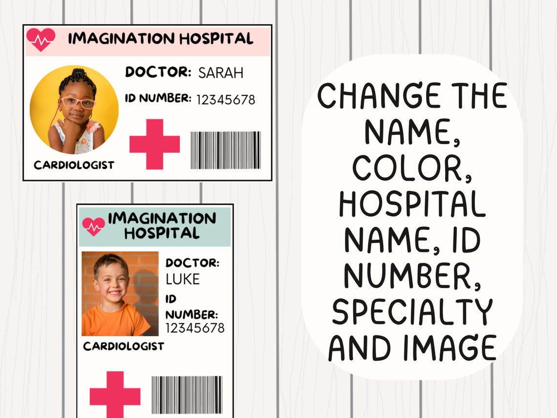 Editable Kids Doctor ID Badge Nurse Name Tag Pretend Play Medical Id ...