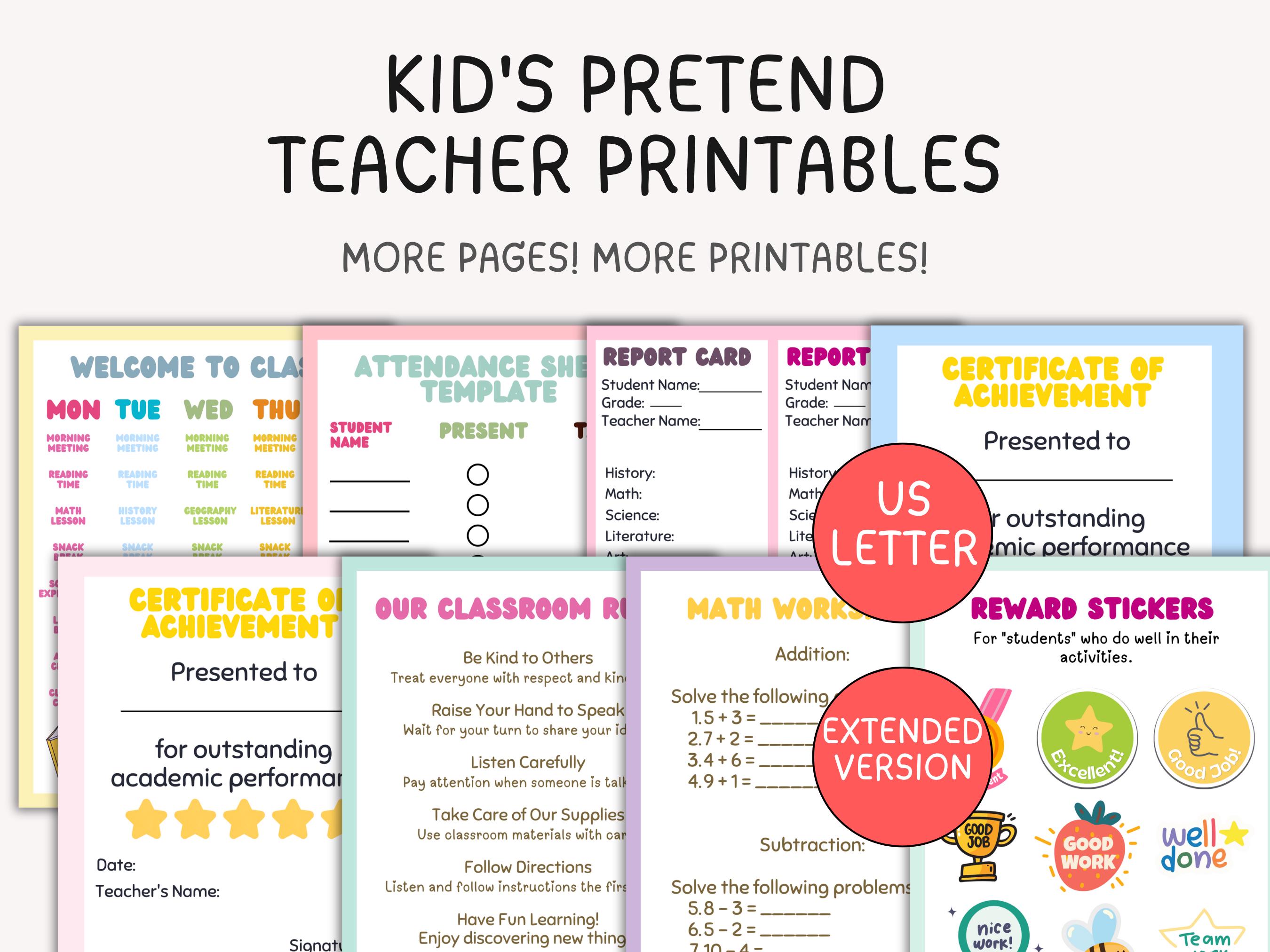 Teacher Printable Pretend Teacher Set Dramatic Play Imaginative Play ...