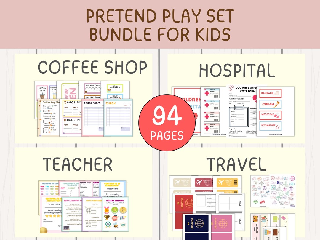 Pretend Play Printable Bundle Kids Passport Set Teacher Play Set Doctor ...