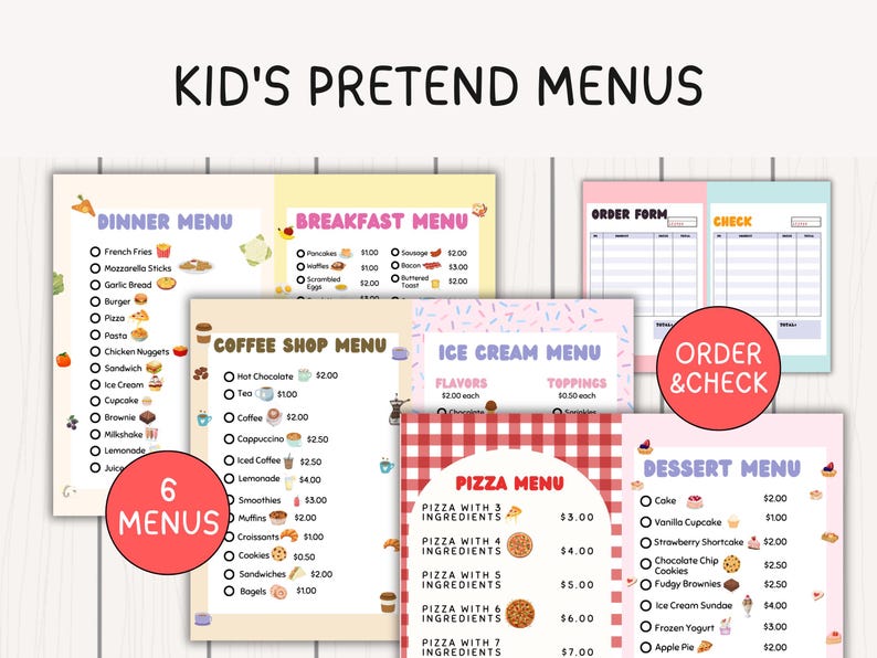Pretend Play Menus - Fake Kids Menu, Fun Kids Menu for Kitchen Play ...
