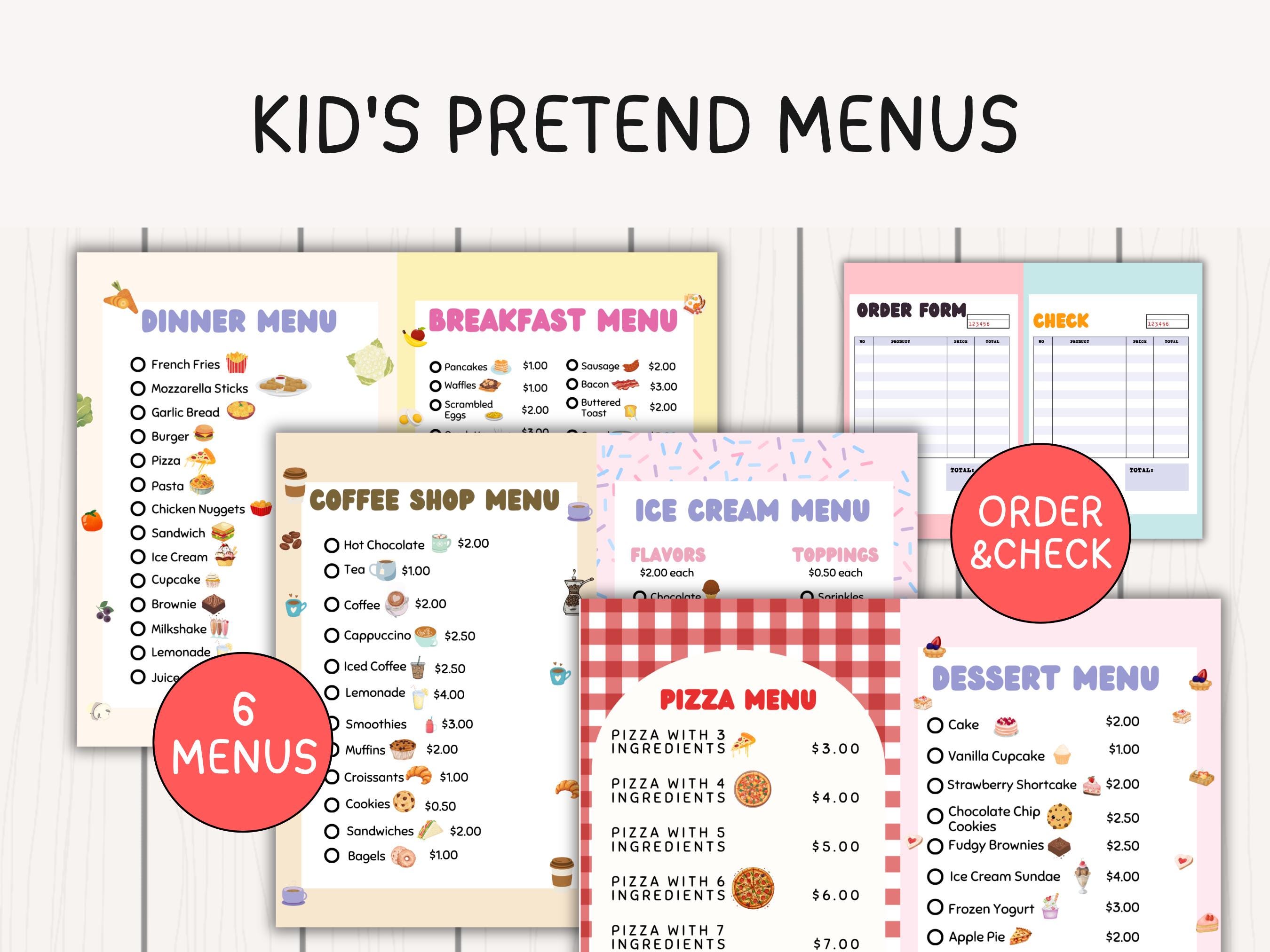 Pretend Play Menus - Fake Kids Menu, Fun Kids Menu for Kitchen Play ...