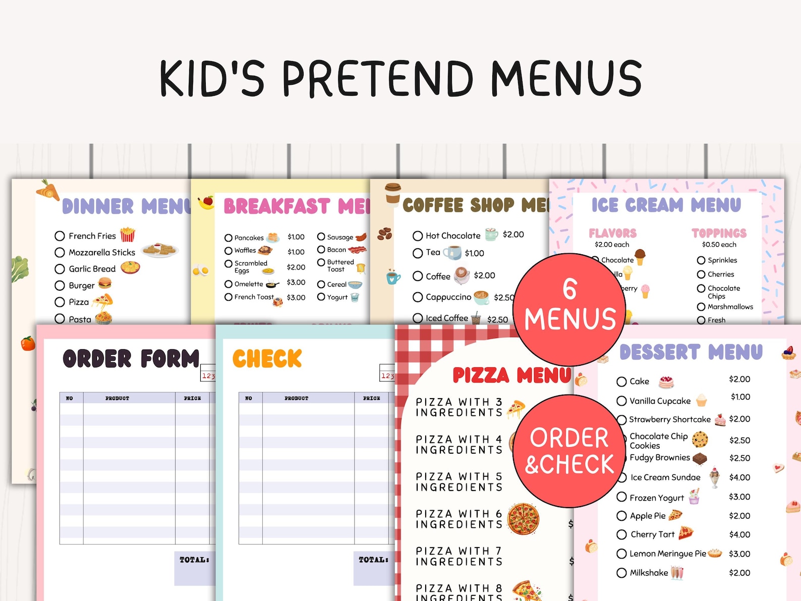 Pretend Play Menus - Fake Kids Menu, Fun Kids Menu for Kitchen Play ...