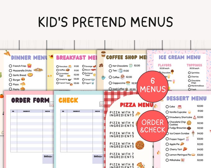 Pretend Play Menus - Fake Kids Menu, Fun Kids Menu for Kitchen Play ...