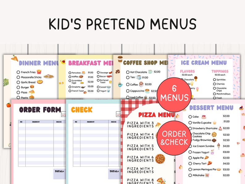 Pretend Play Menus - Fake Kids Menu, Fun Kids Menu for Kitchen Play ...