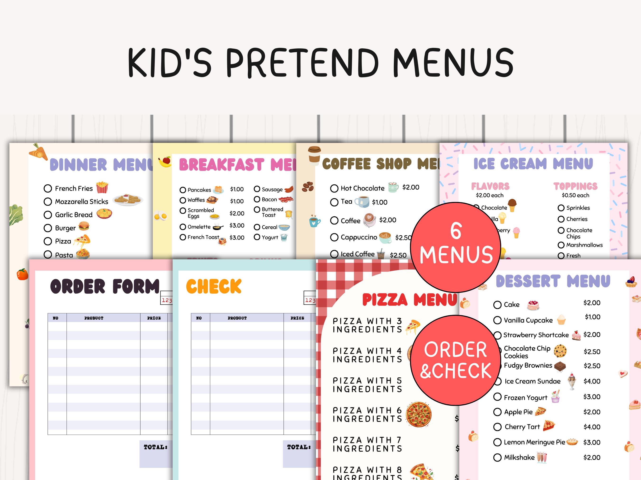 Pretend Play Menus - Fake Kids Menu, Fun Kids Menu for Kitchen Play ...