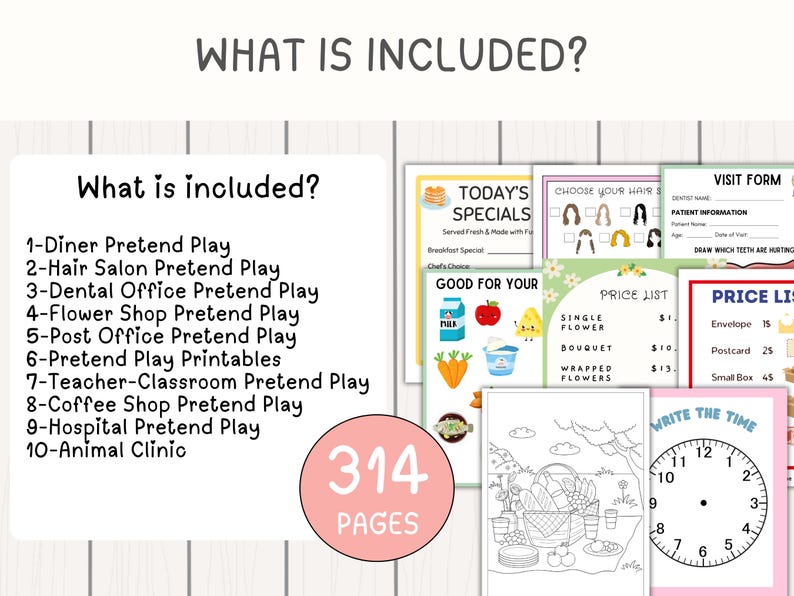 Dramatic Play Kit Playtime Worksheets Teacher Vet Doctor Restaurant ...