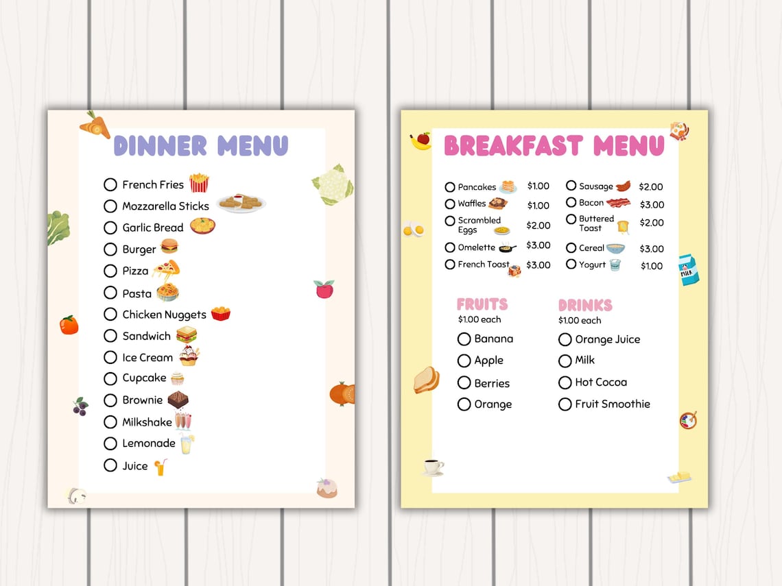 Pretend Play Menus - Fake Kids Menu, Fun Kids Menu for Kitchen Play ...