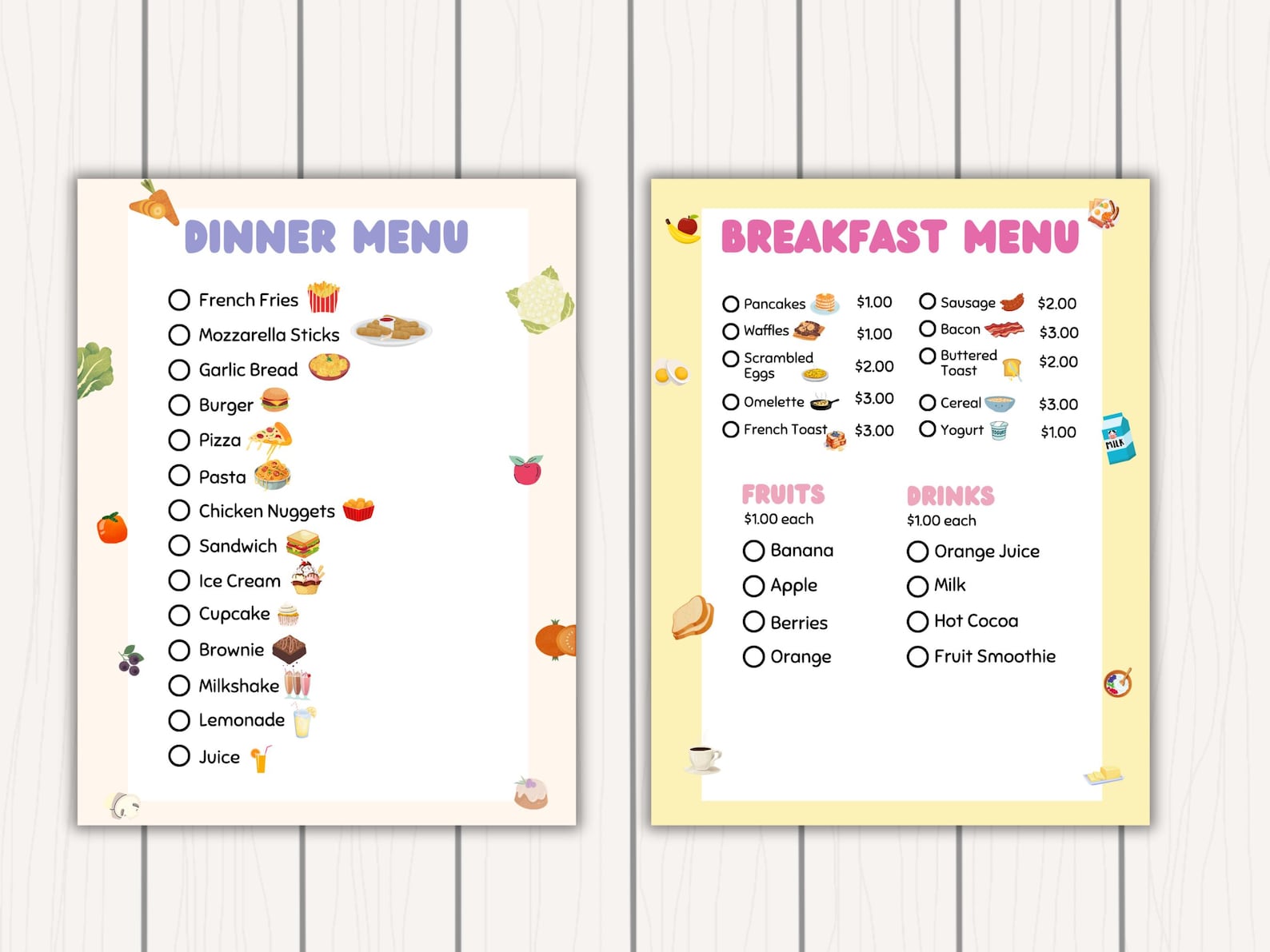 Pretend Play Menus - Fake Kids Menu, Fun Kids Menu for Kitchen Play ...
