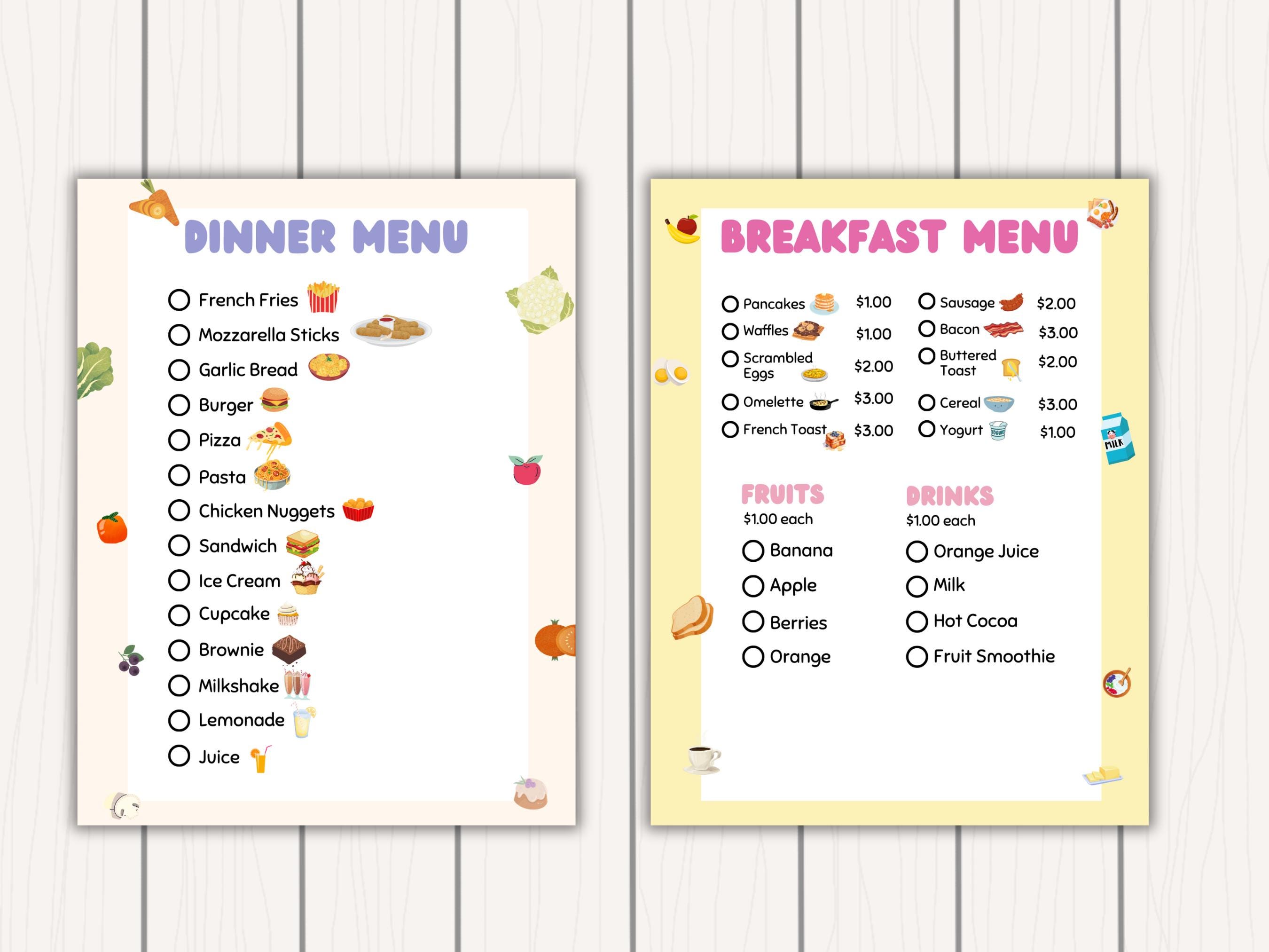 Pretend Play Menus - Fake Kids Menu, Fun Kids Menu for Kitchen Play ...