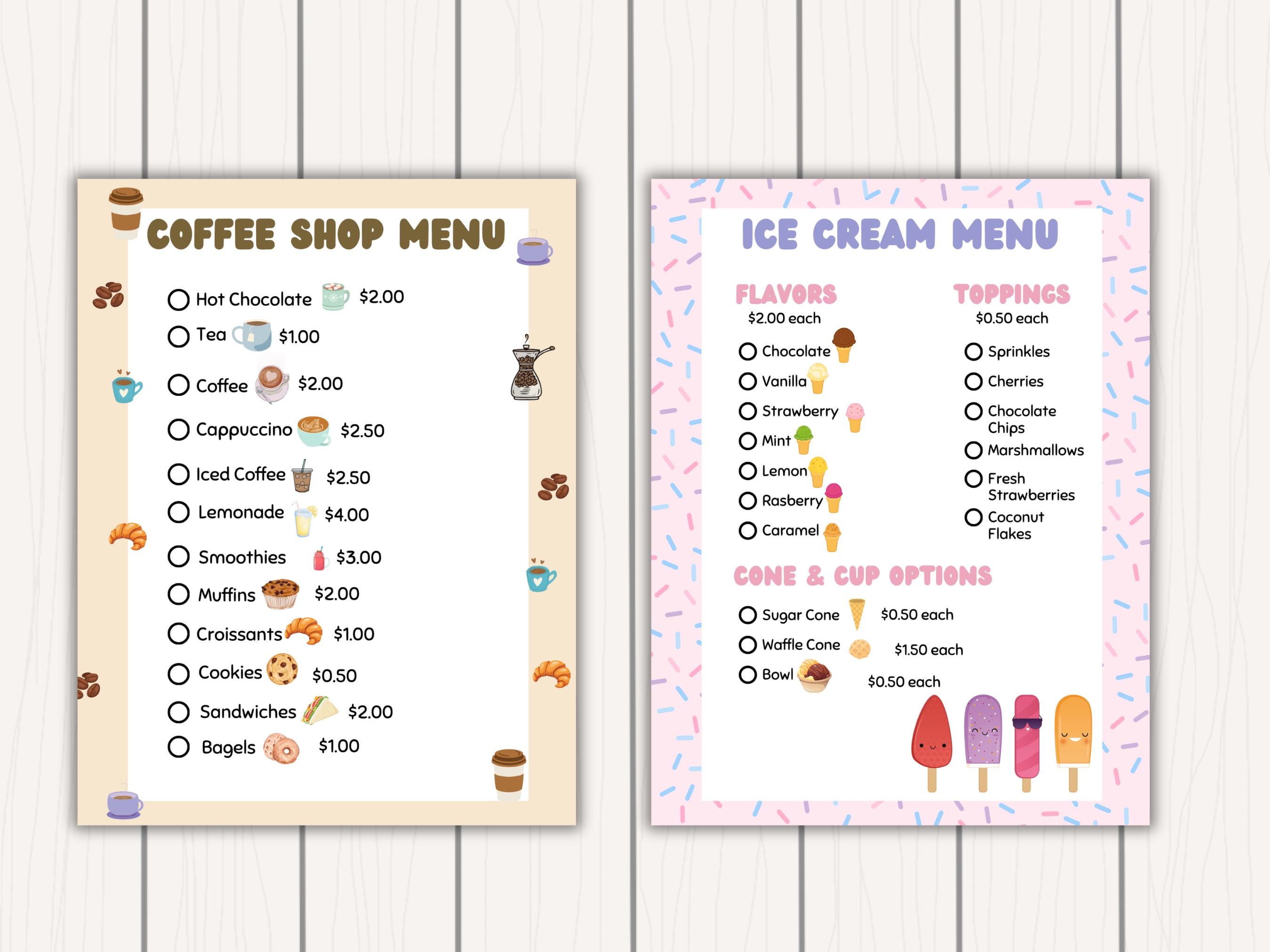 Pretend Play Menus - Fake Kids Menu, Fun Kids Menu for Kitchen Play ...