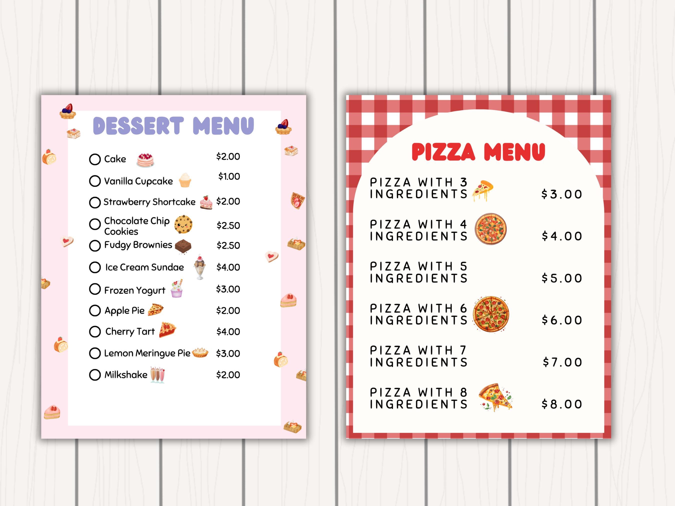 Pretend Play Menus - Fake Kids Menu, Fun Kids Menu for Kitchen Play ...
