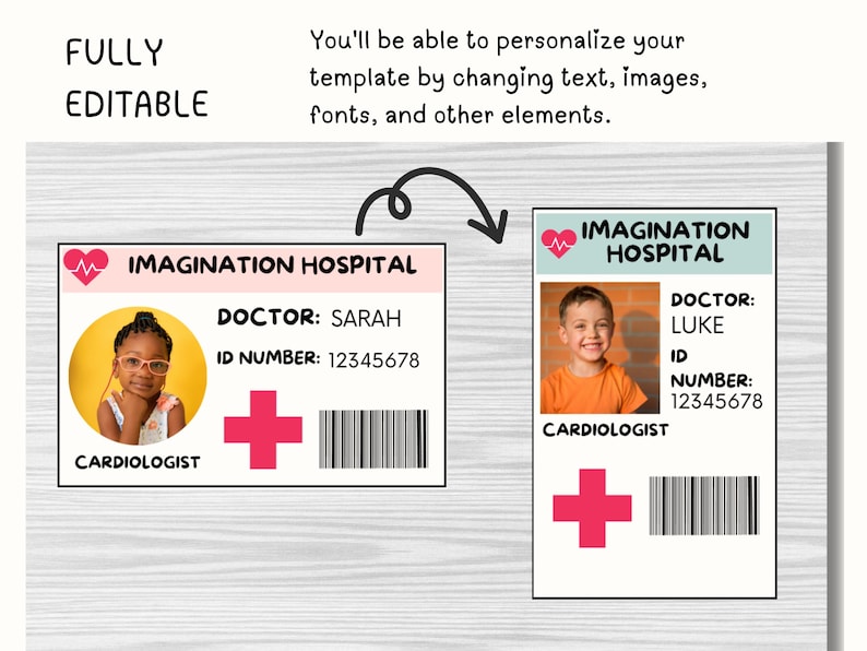 Editable Kids Doctor ID Badge Nurse Name Tag Pretend Play Medical Id ...