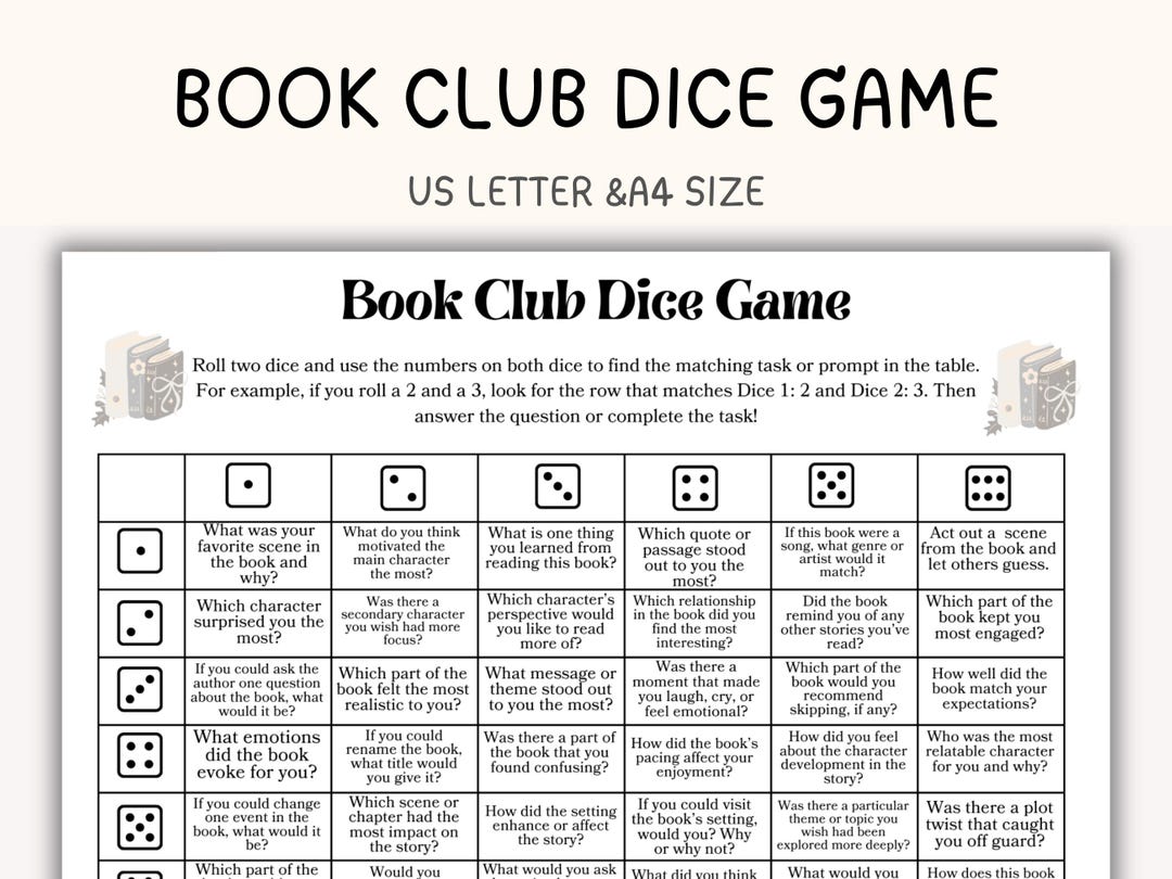 Printable Book Club Dice Game - Conversation Starters, Book Club ...