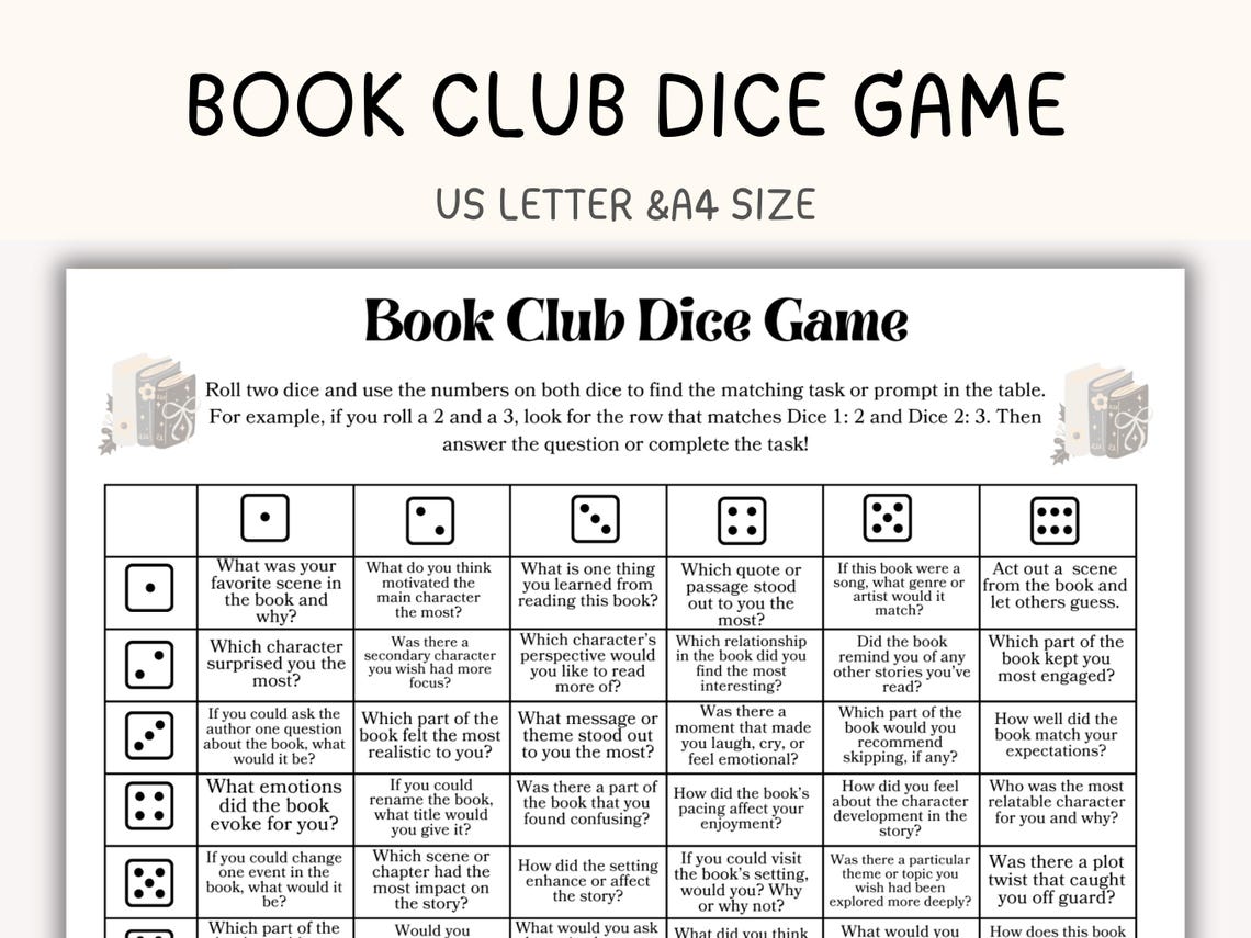 Printable Book Club Dice Game - Conversation Starters, Book Club ...