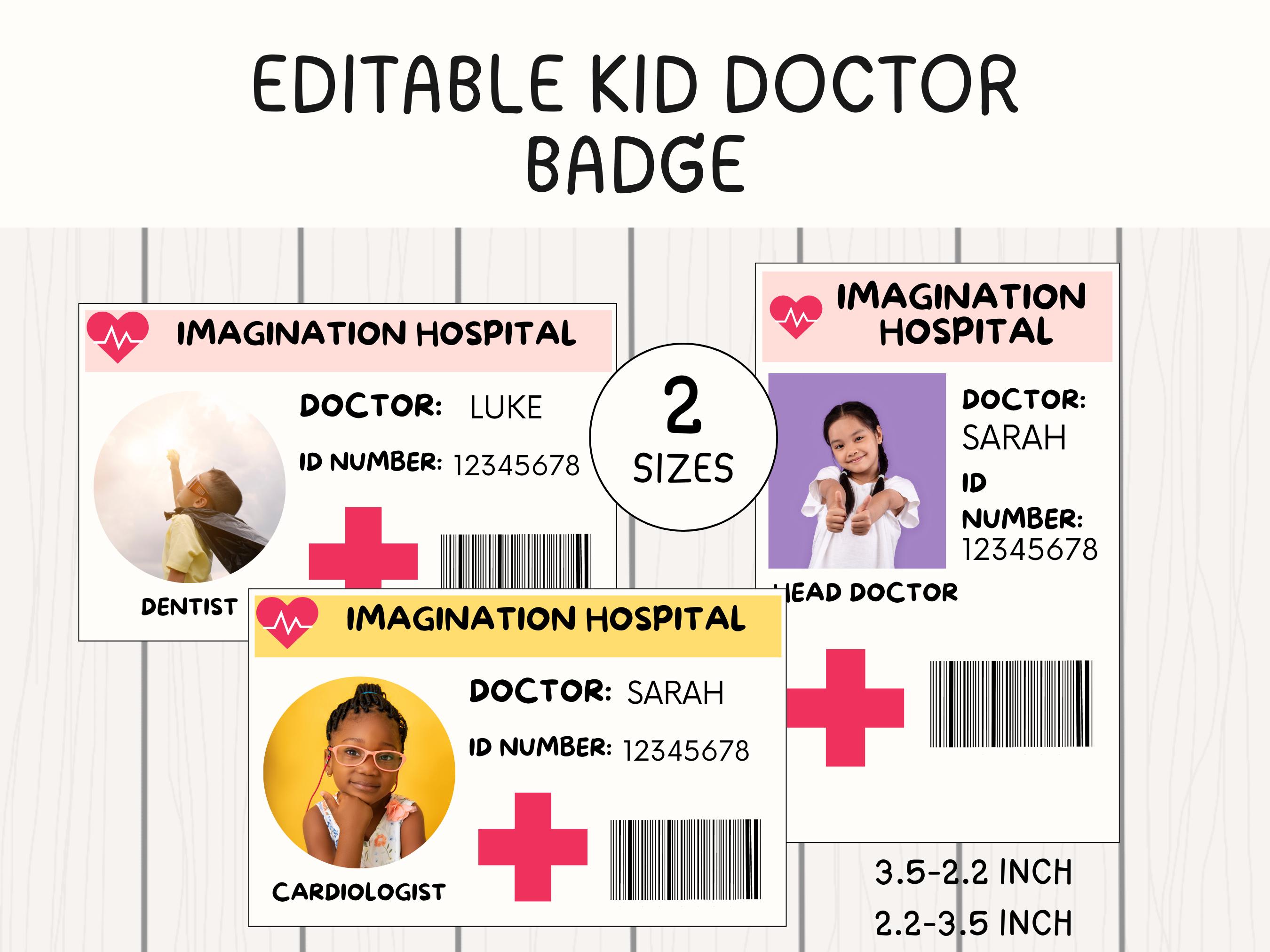 Editable Kids Doctor ID Badge Nurse Name Tag Pretend Play Medical Id ...